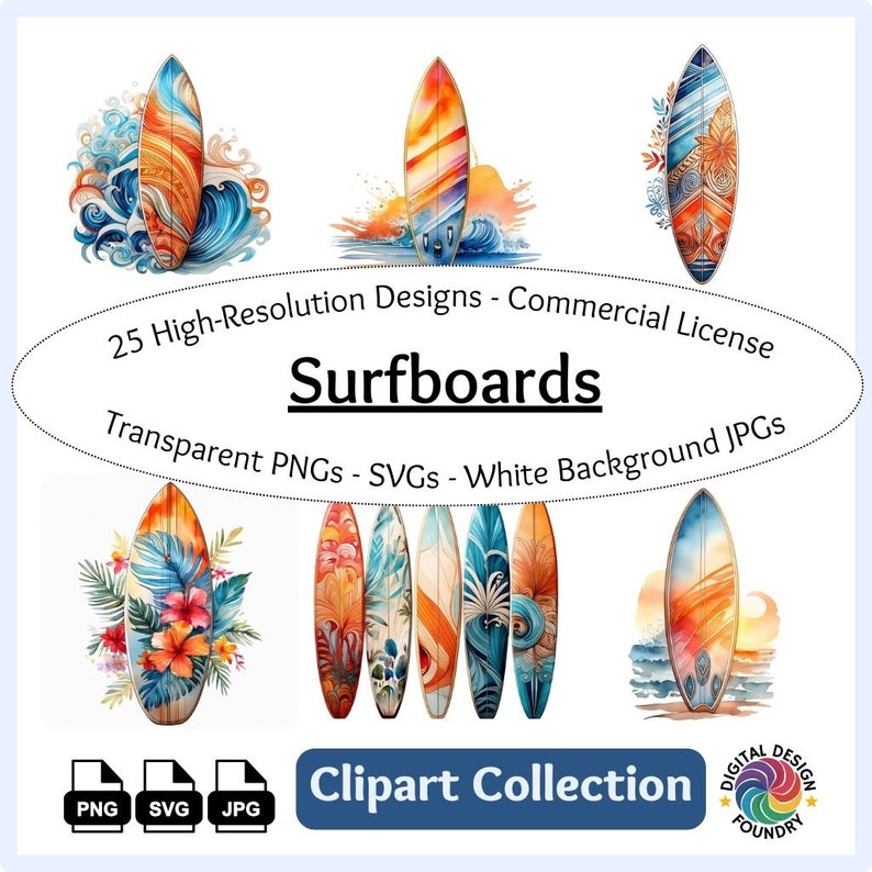 25 Surfboard Clipart Watercolor PNG, SVG, JPG, Summer, Beach, Surfing ...
