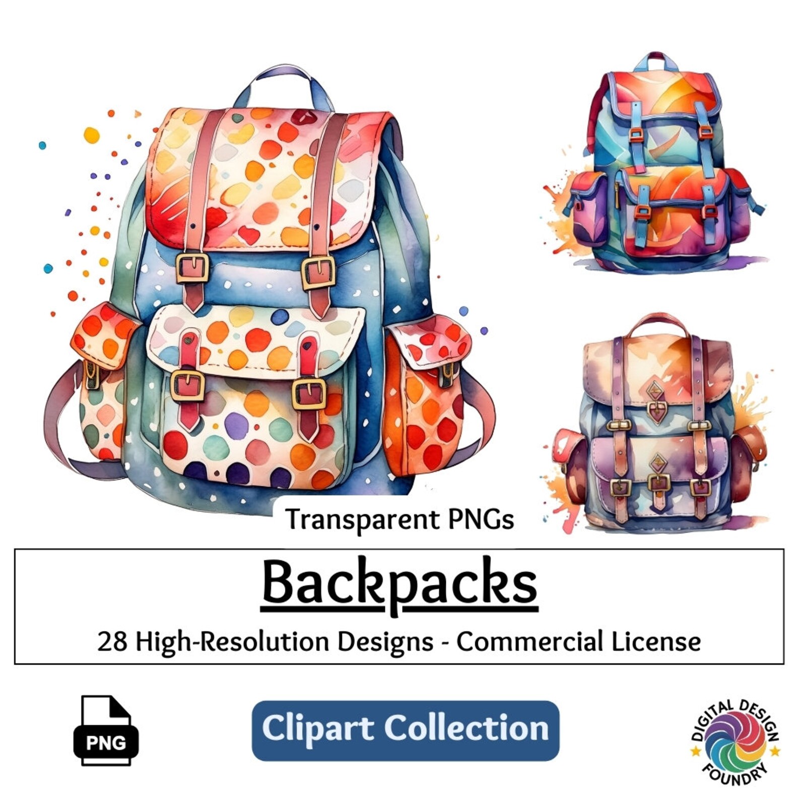 Colorful Backpacks Watercolor Clipart | 28 Pngs | Cute Backpack Designs ...