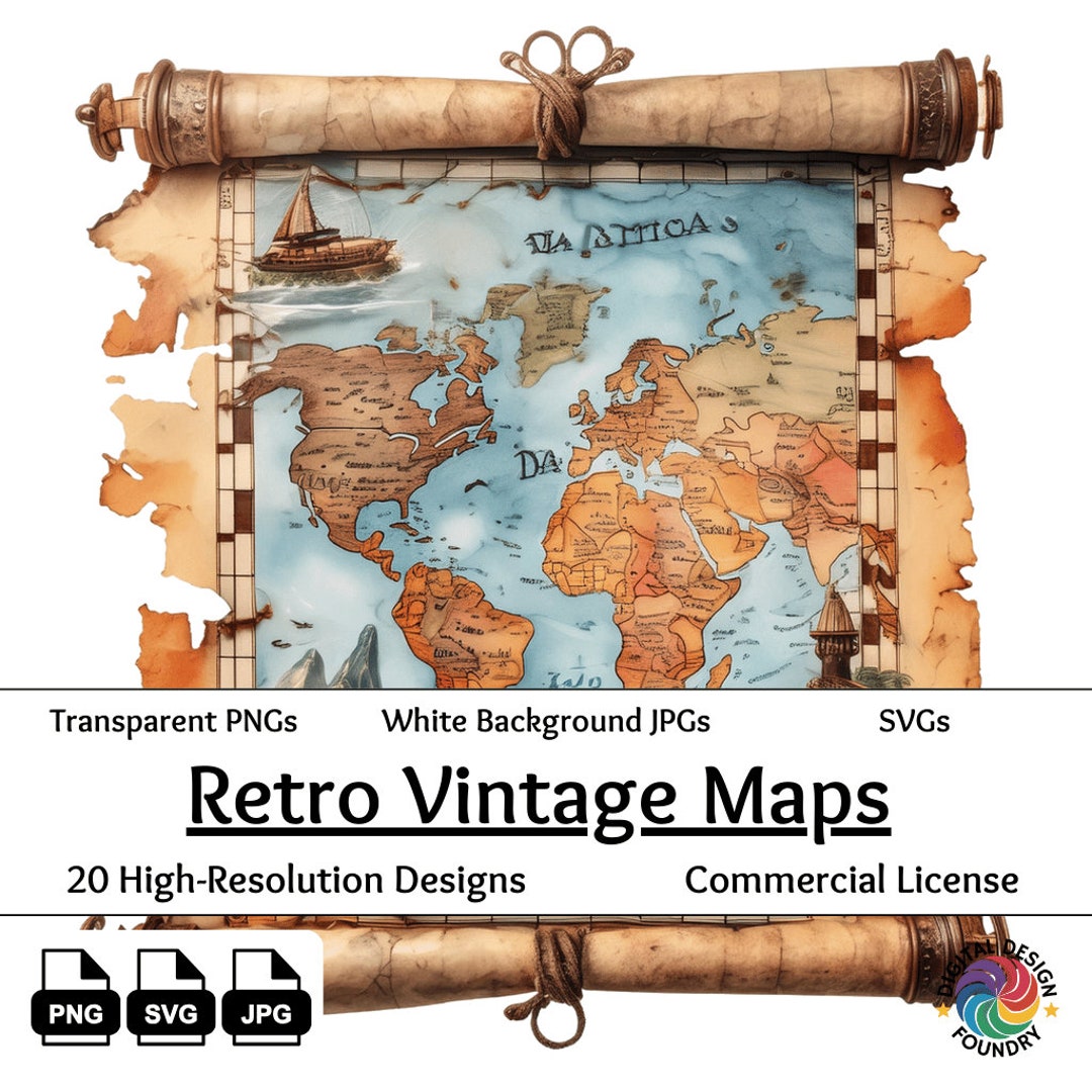20 Vintage Map Clipart Watercolor PNG, SVG, JPG, Retro Cartography ...
