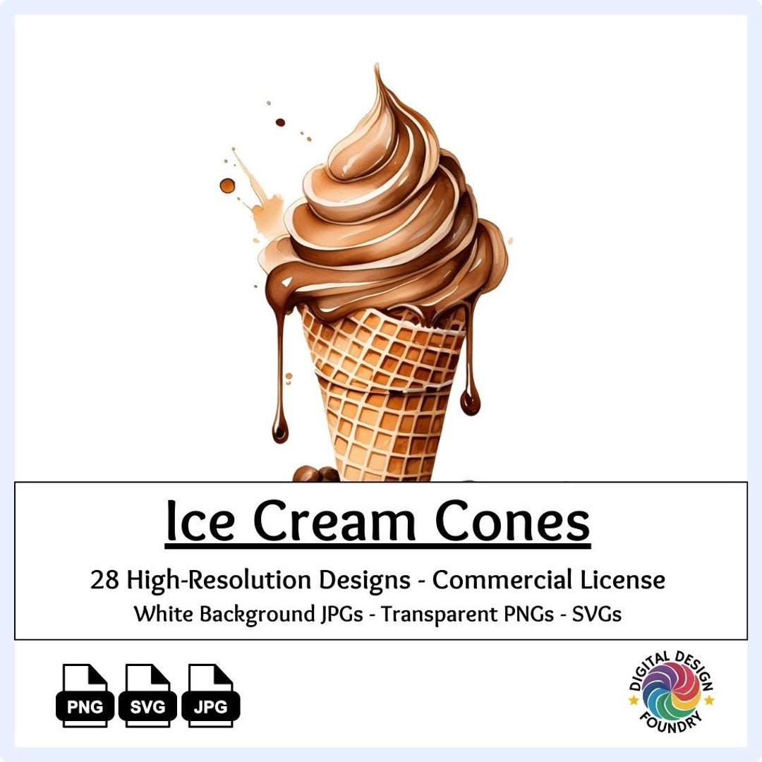28 Ice Cream Cone Clipart Watercolor PNG, SVG, JPG, Summer Treats ...