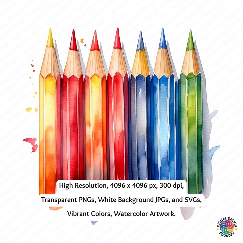 Colorful Pencil & Pen Clipart | 26 PNG, SVG, JPG | Watercolor Art ...