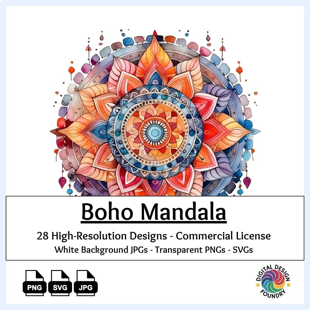 28 Boho Mandala Clipart Watercolor PNG, SVG, JPG, Spiritual, Yoga ...