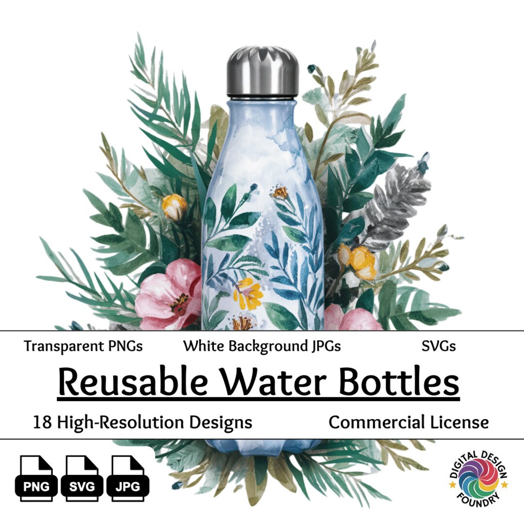 18 Eco Reusable Water Bottle Clipart Watercolor, PNG, SVG, JPG, Hydro ...