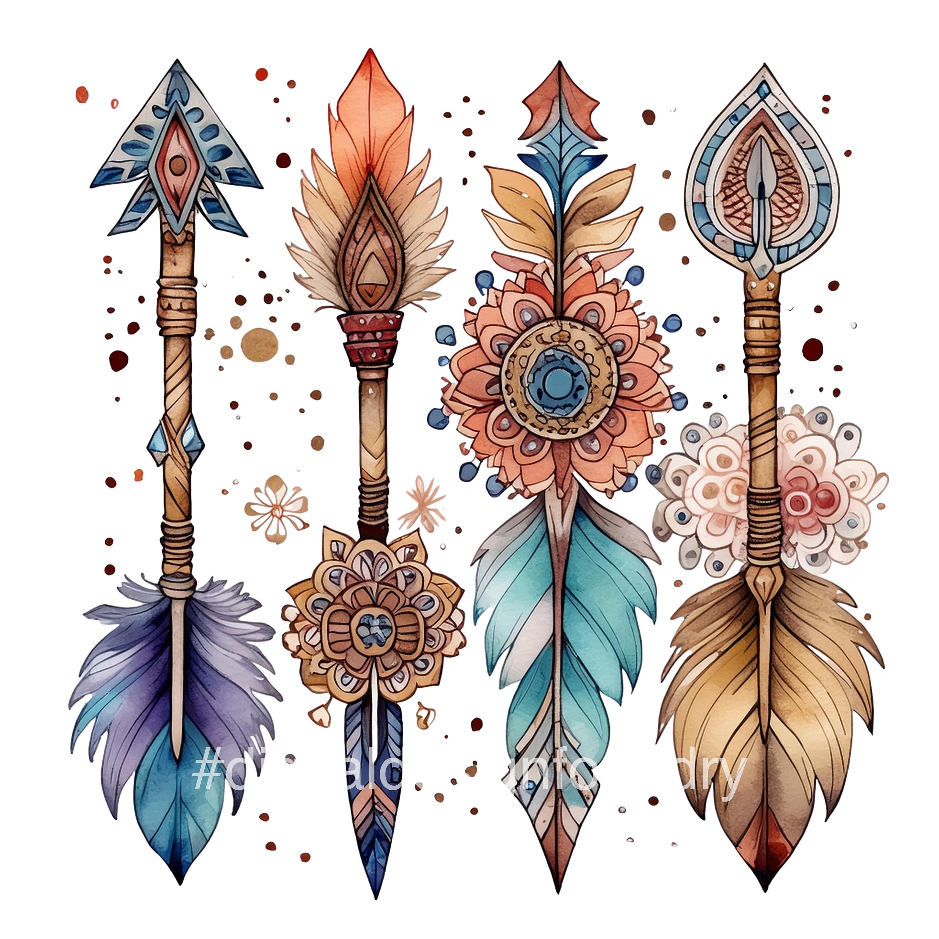28 Boho Arrows Clipart Watercolor PNG, SVG, JPG, Tribal, Feather ...