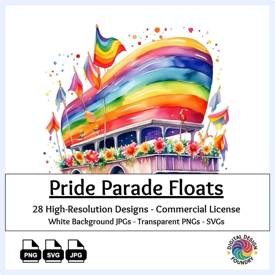 28 Pride Parade Floats Clipart Watercolor PNG, JPG, LGBTQ Celebration ...