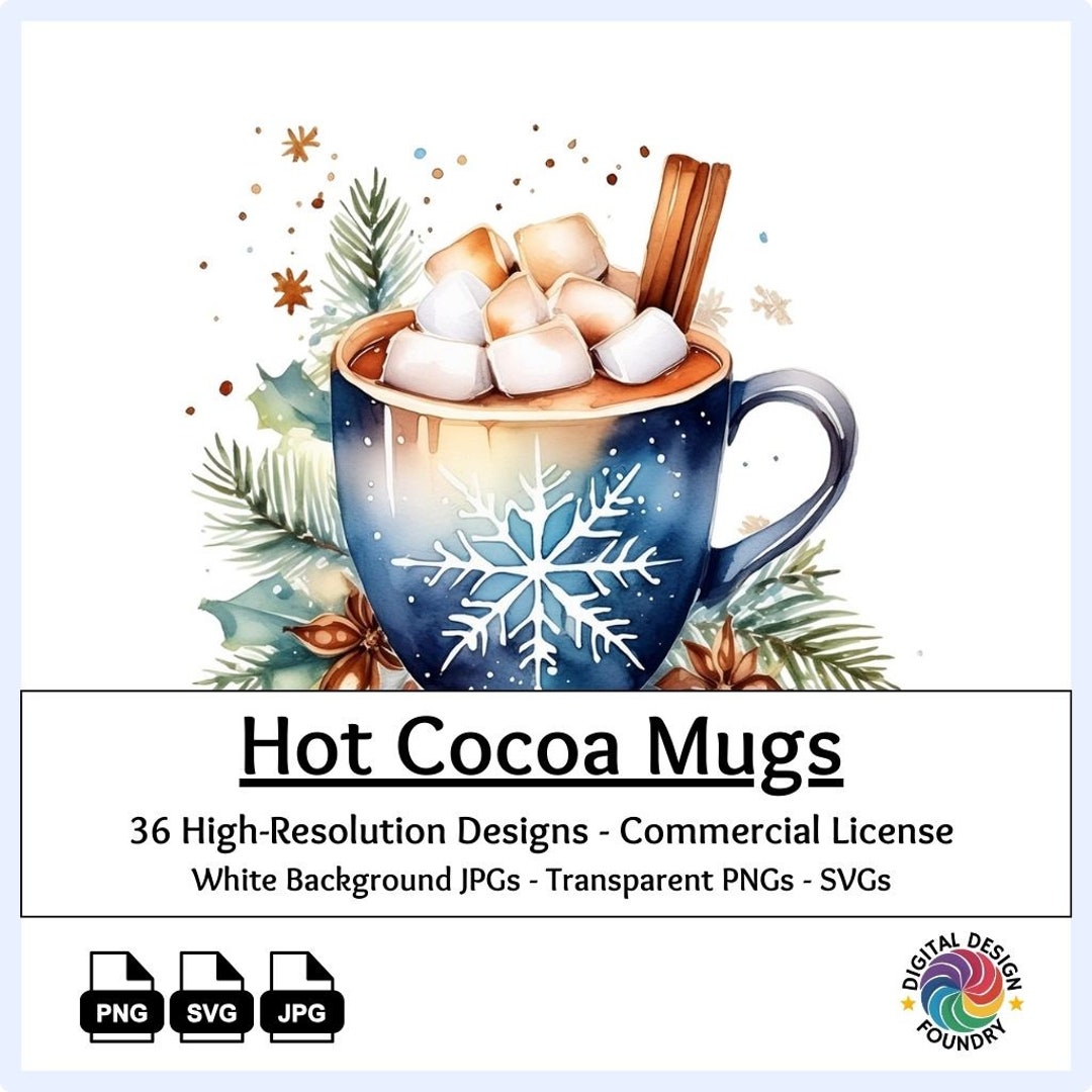 36 Hot Cocoa Mug Clipart Watercolor PNG, SVG, JPG, Cozy Winter ...