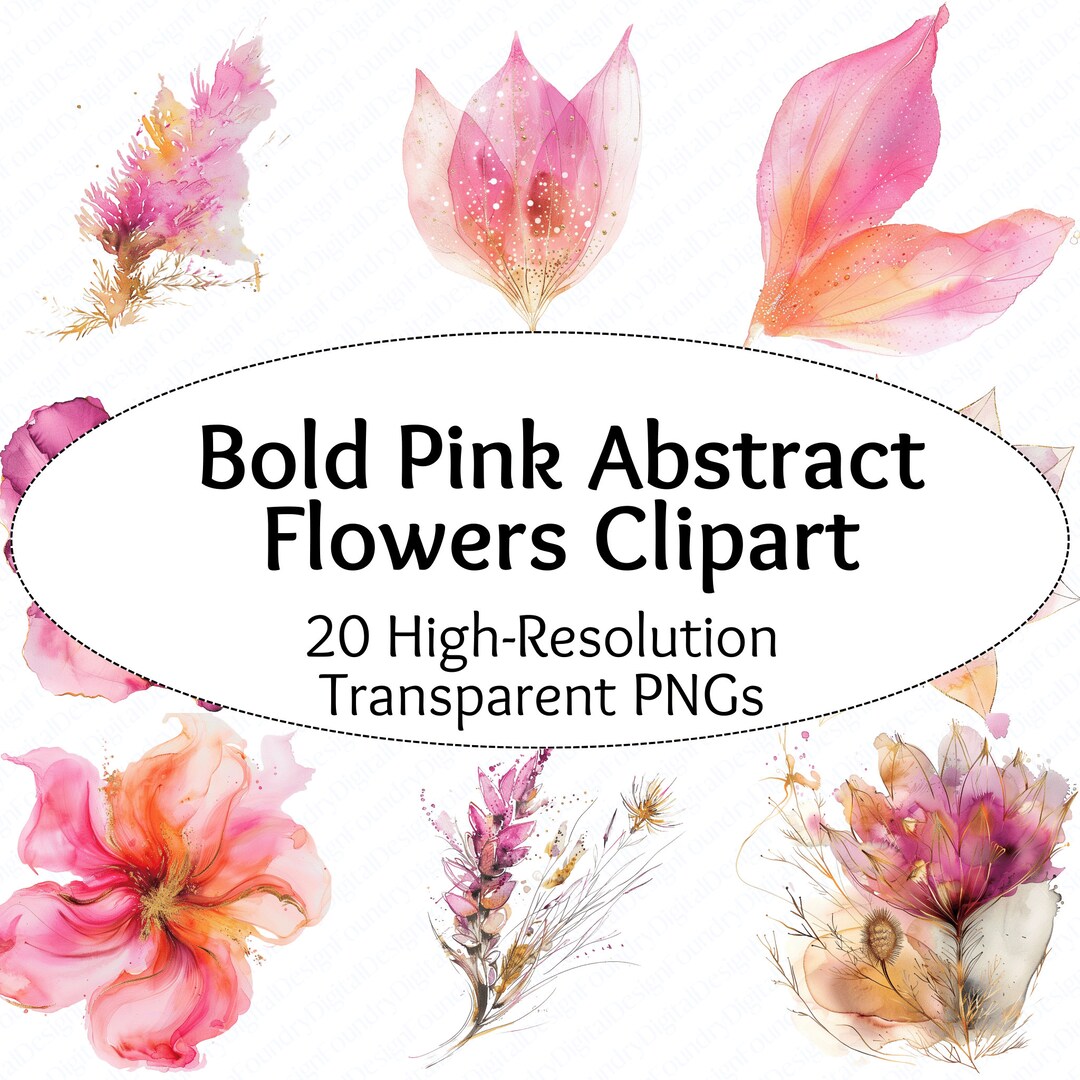 20 Bold Pink and Gold Watercolor Flowers Clipart Abstract Floral Pngs ...