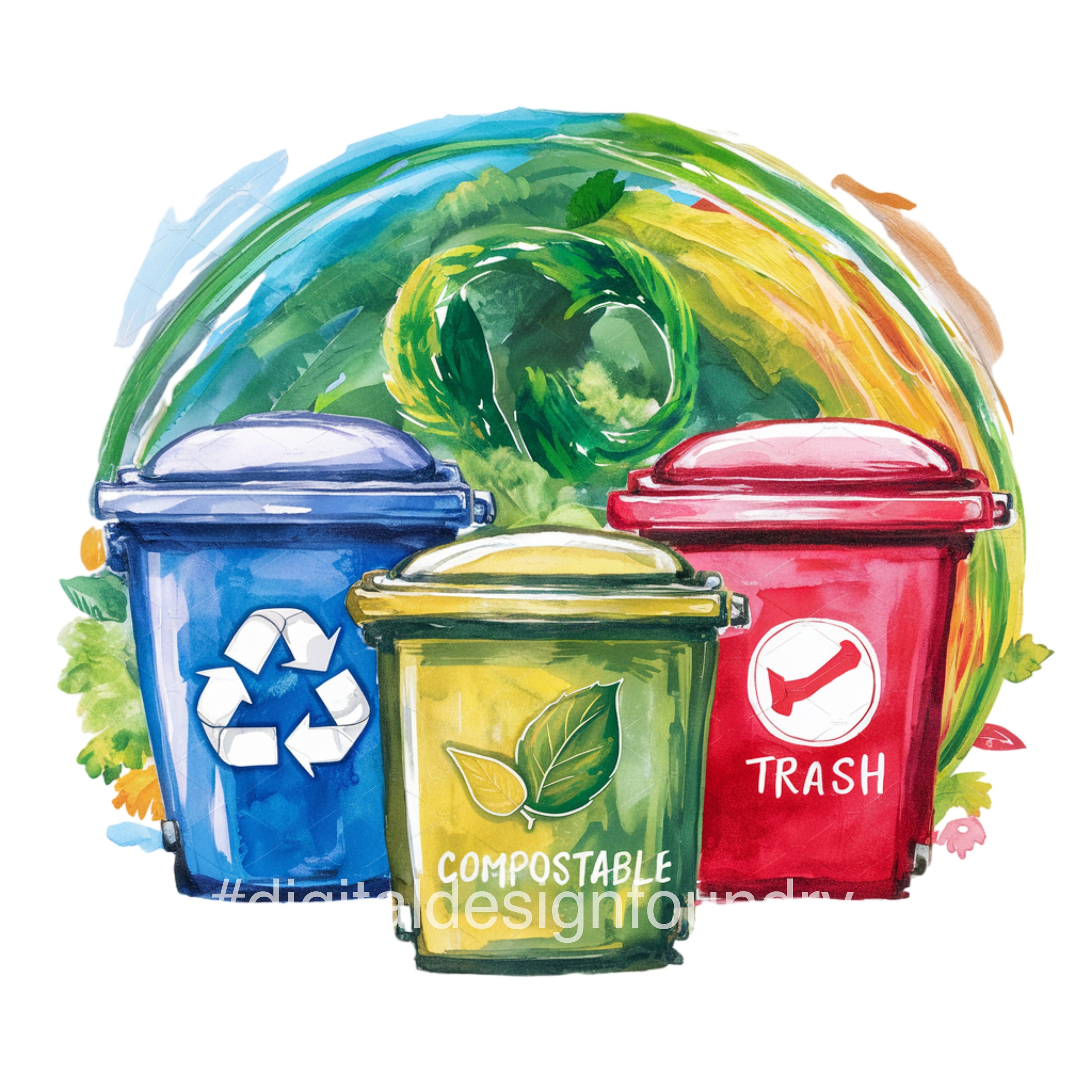 Waste Sorting Clipart 18 Watercolor, PNG, SVG, JPG Recycling Bins, Eco ...