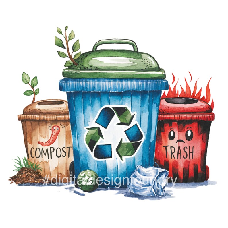 Waste Sorting Clipart 18 Watercolor, PNG, SVG, JPG Recycling Bins, Eco ...