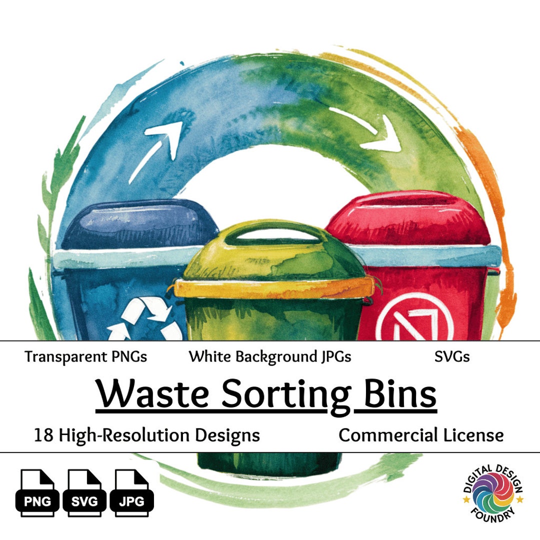 Waste Sorting Clipart 18 Watercolor, PNG, SVG, JPG Recycling Bins, Eco ...