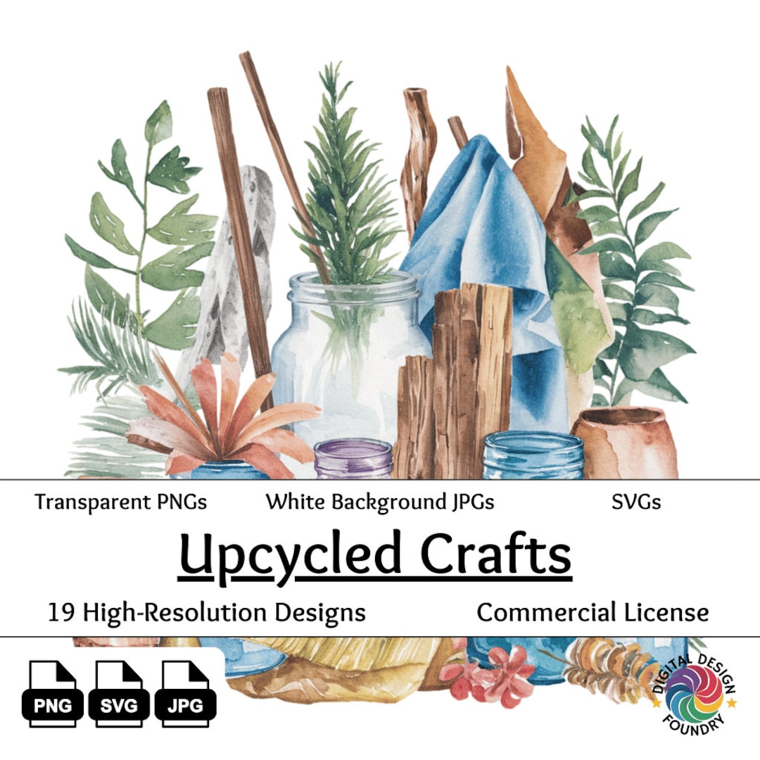 19 Upcycled Crafts Clipart Watercolor, PNG, SVG, JPG, Eco-friendly Art ...
