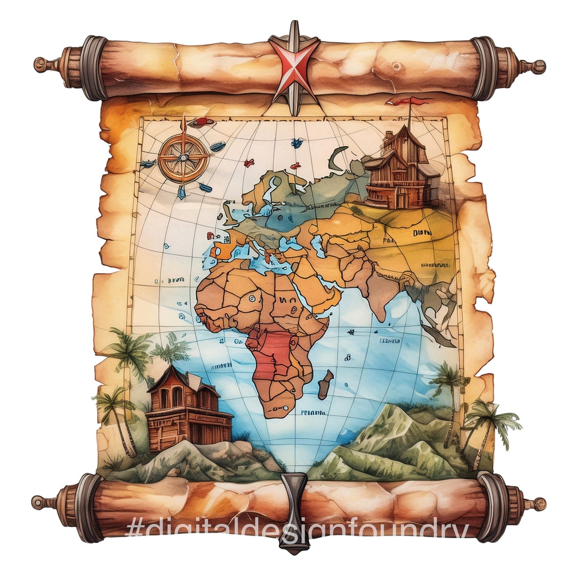 20 Vintage Map Clipart Watercolor PNG, SVG, JPG, Retro Cartography ...