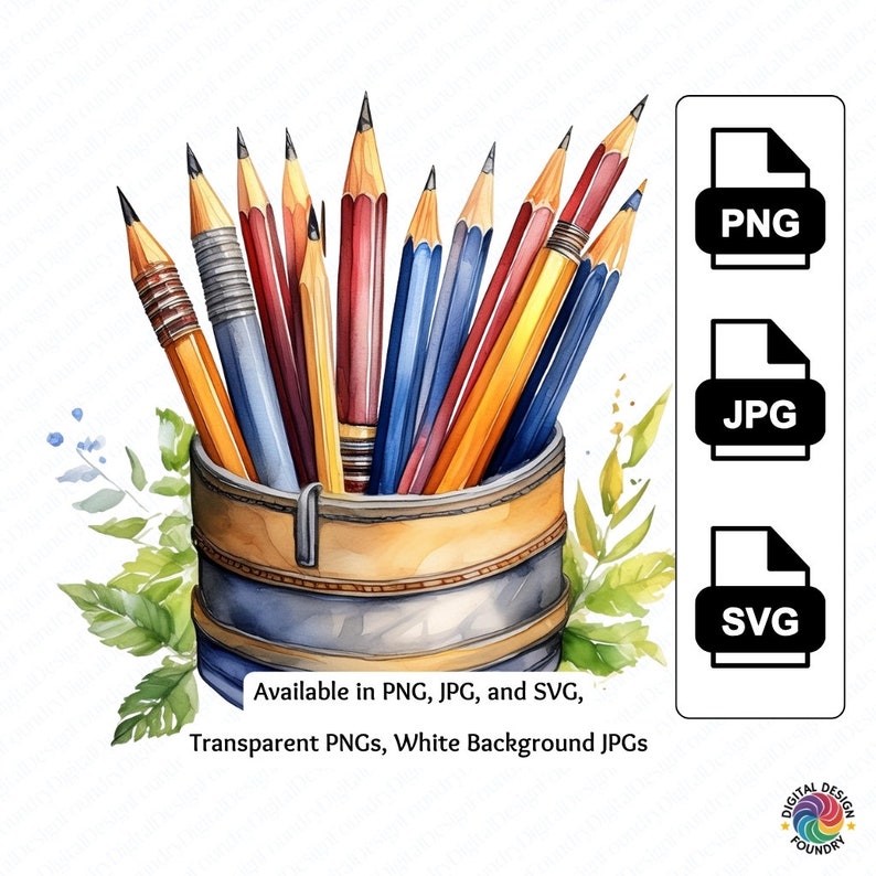 Colorful Pencil & Pen Clipart | 26 PNG, SVG, JPG | Watercolor Art ...