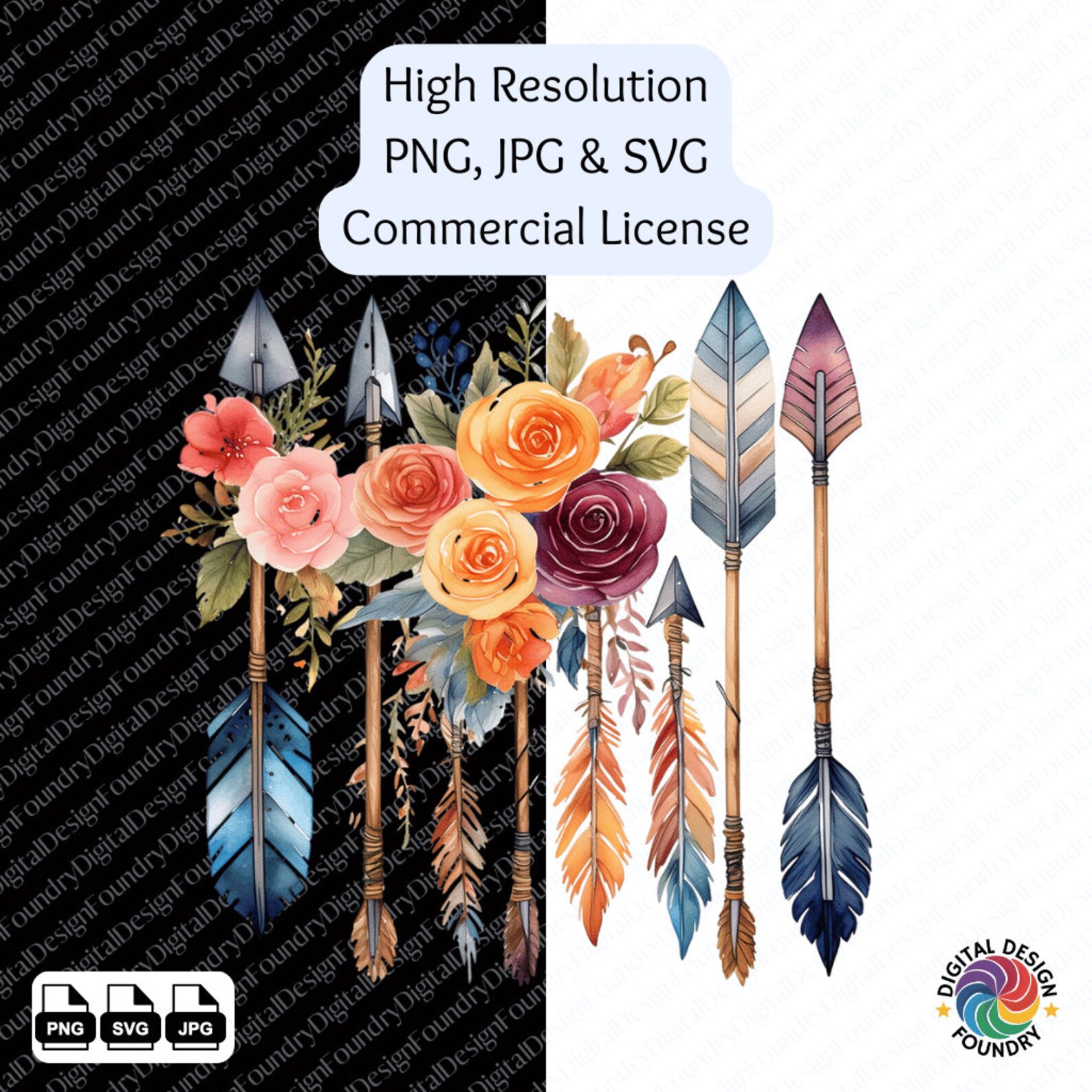 28 Boho Arrows Clipart Watercolor PNG, SVG, JPG, Tribal, Feather ...