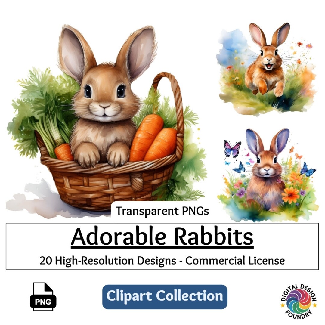Adorable Rabbits Watercolor Clipart 20 Pngs Cute Bunny Illustrations ...