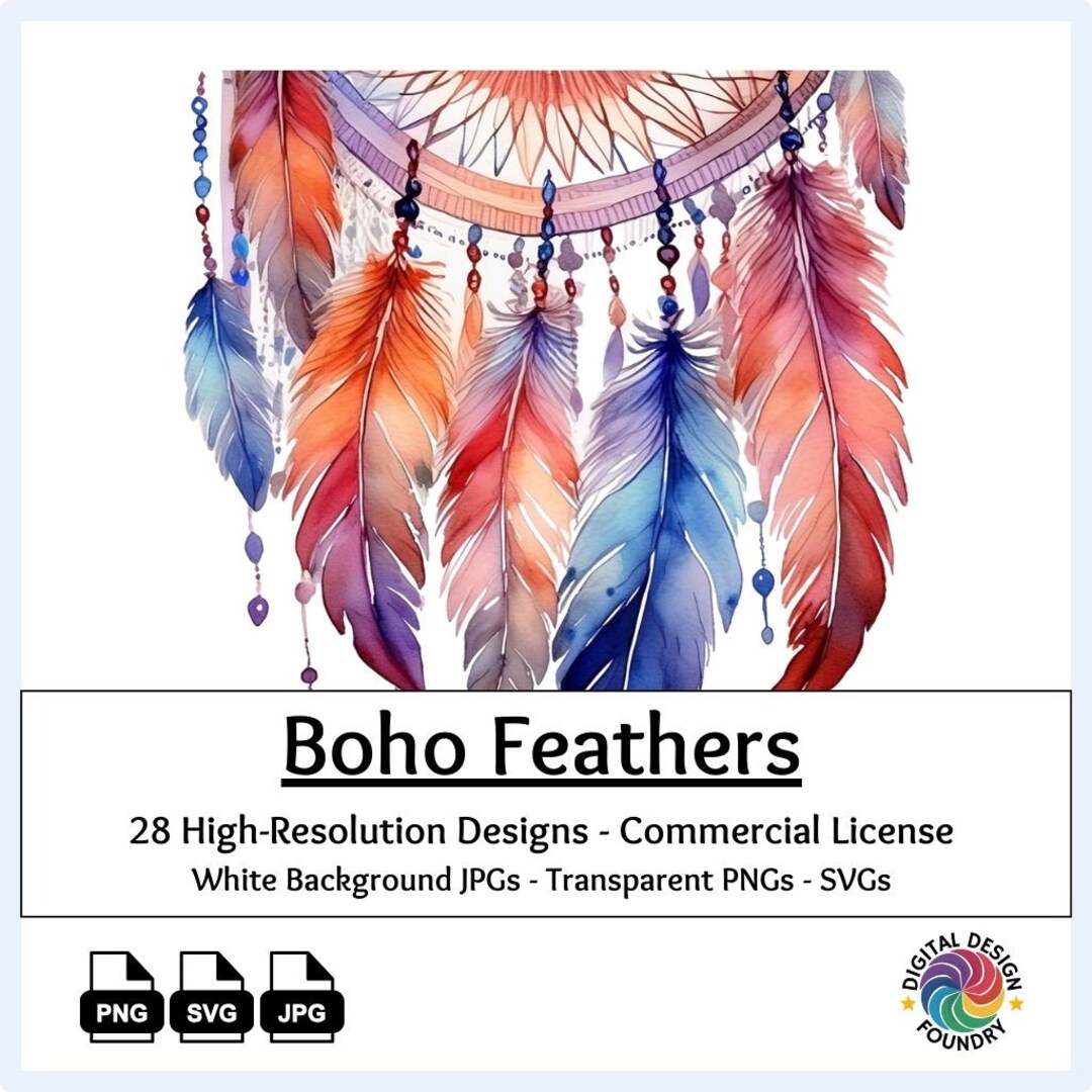 28 Boho Feather Clipart Watercolor PNG, SVG, JPG, Tribal, Dreamcatcher ...