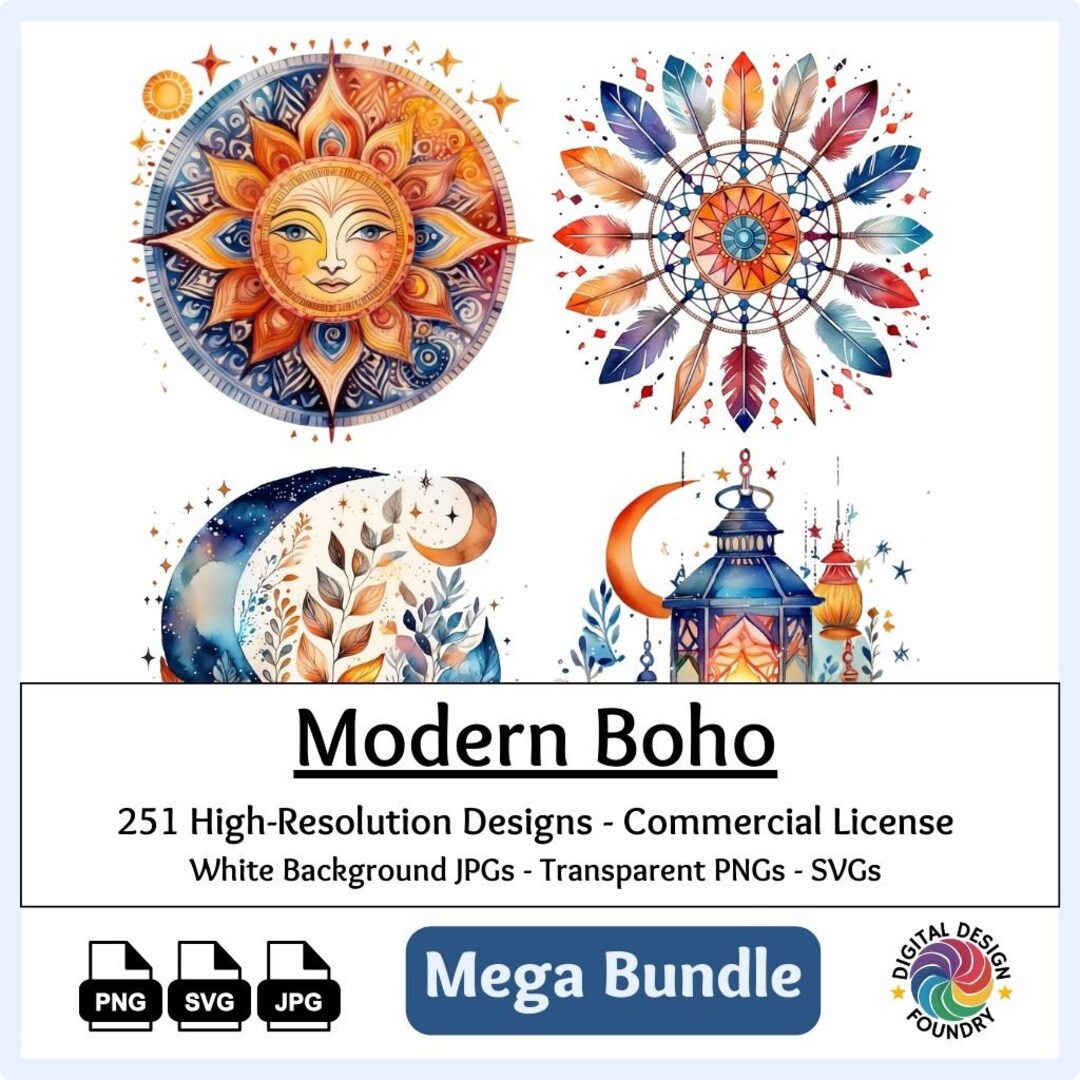 Boho Watercolor Clipart Bundle 251 PNG, SVG, JPG, Modern Boho ...