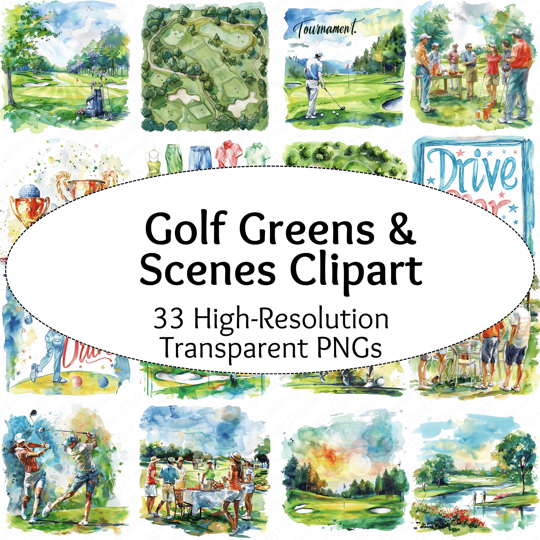 33 Watercolor Golf Clipart Golf Greens & Scenes PNG Set Golfer Gifts ...