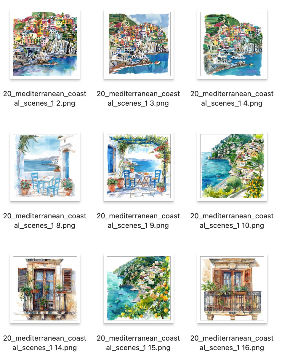 Mediterranean Clipart Coastal Towns & Landscapes 20 Watercolor Pngs ...