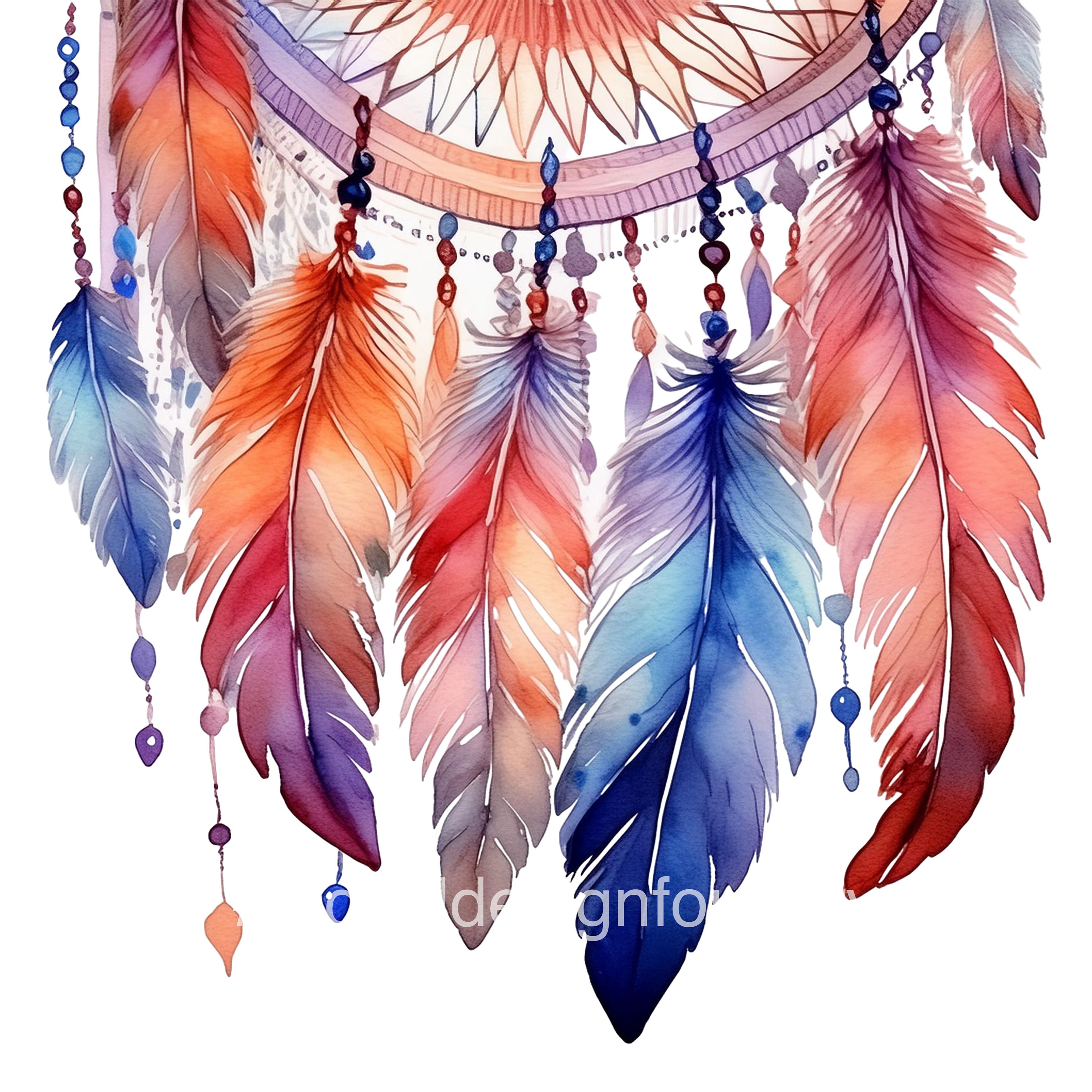28 Boho Feather Clipart Watercolor PNG, SVG, JPG, Tribal, Dreamcatcher ...