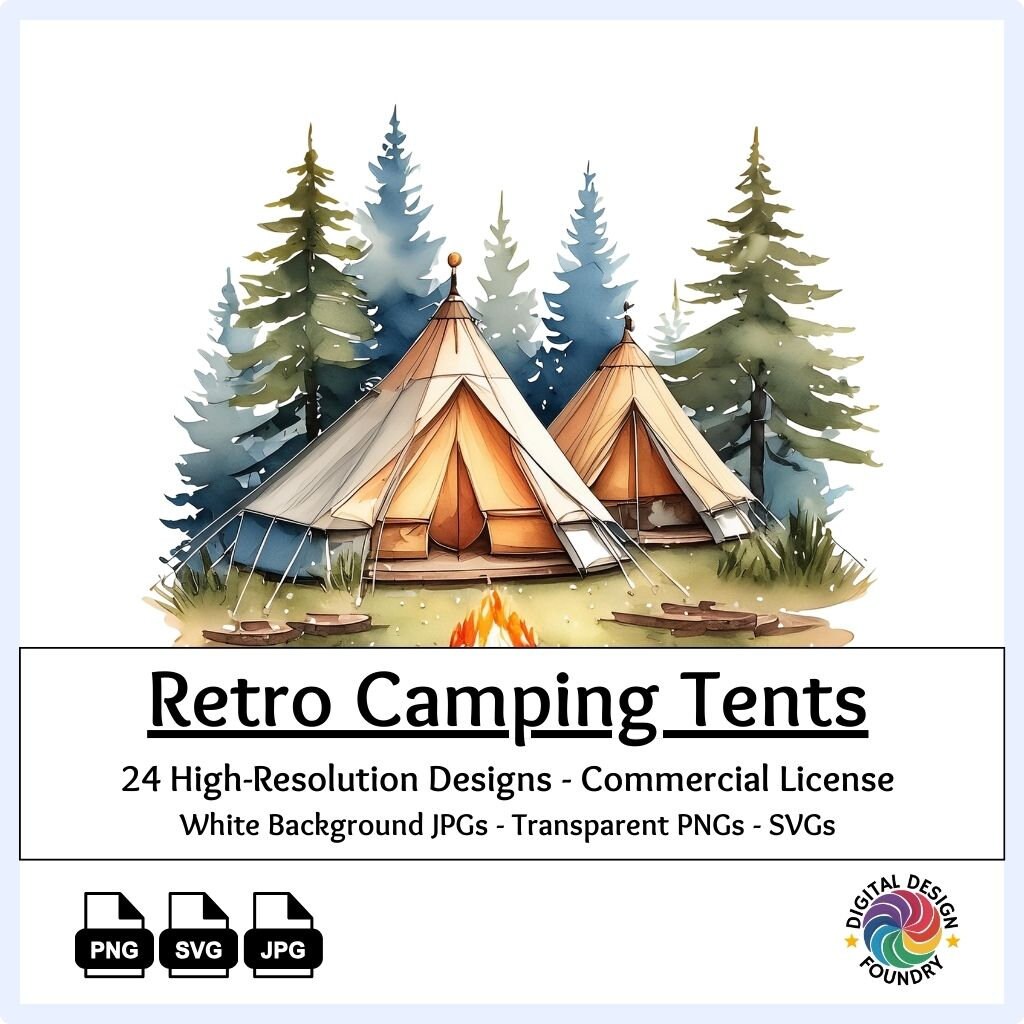 179 Vintage Camping Clipart Bundle PNG, SVG, JPG, Retro Watercolor Outdoors, Campfire, Camper ...