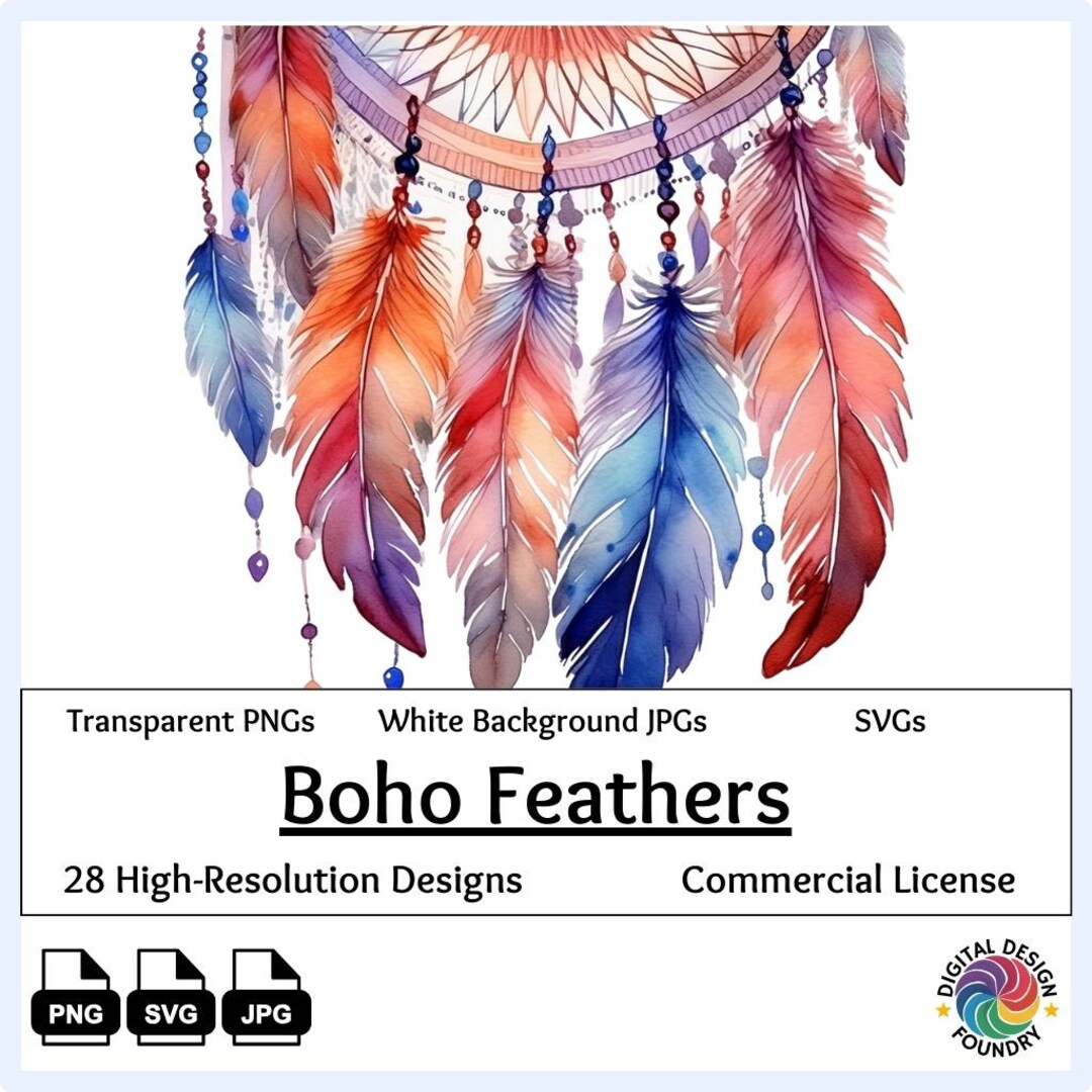 28 Boho Feather Clipart Watercolor PNG, SVG, JPG, Tribal, Dreamcatcher ...