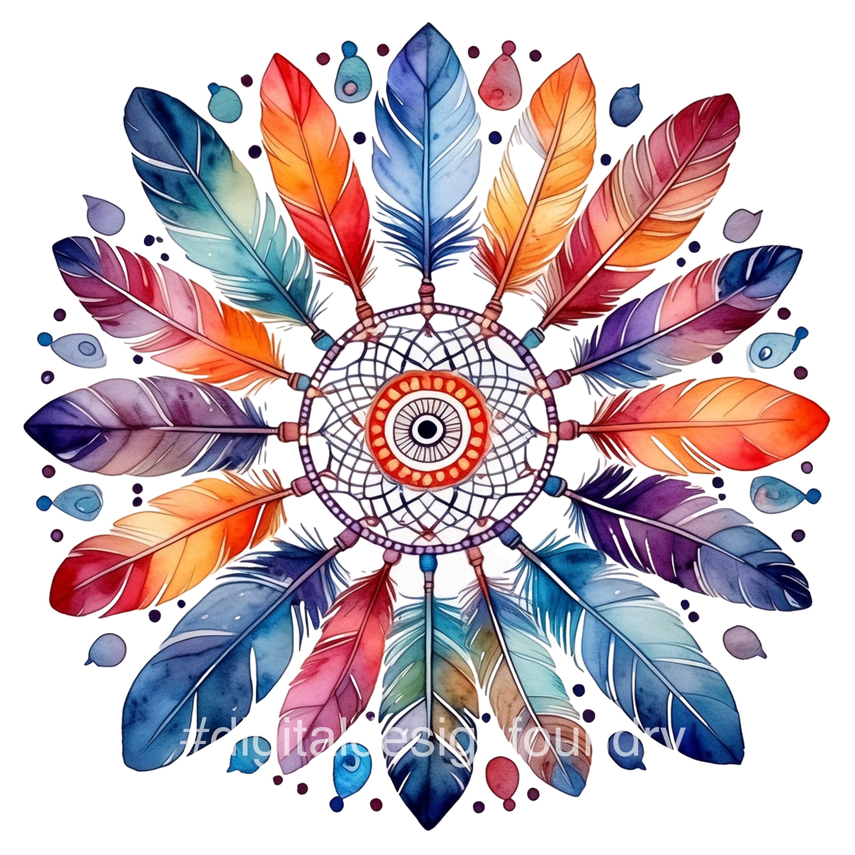 28 Boho Feather Clipart Watercolor PNG, SVG, JPG, Tribal, Dreamcatcher ...