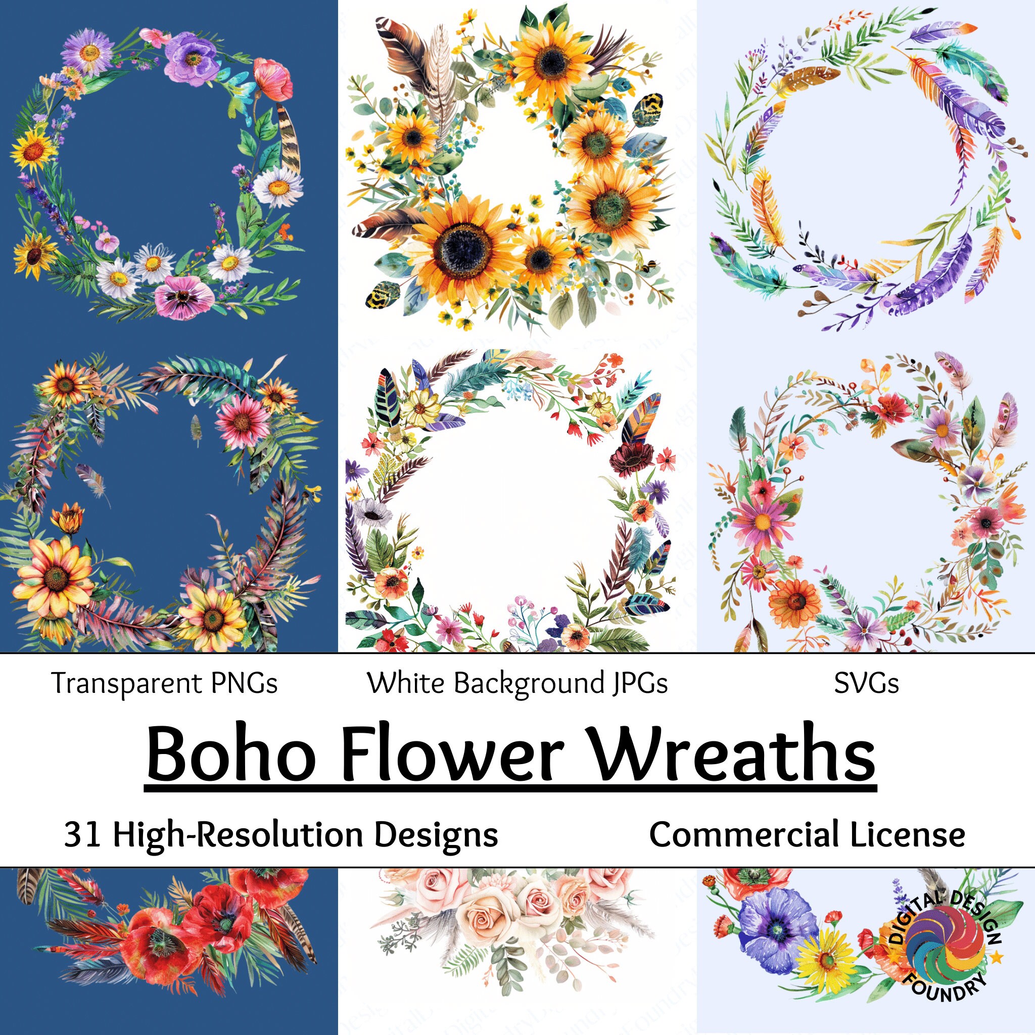31 Watercolor Boho Flower Wreaths PNG, SVG, JPG Rustic, Wedding, Floral ...