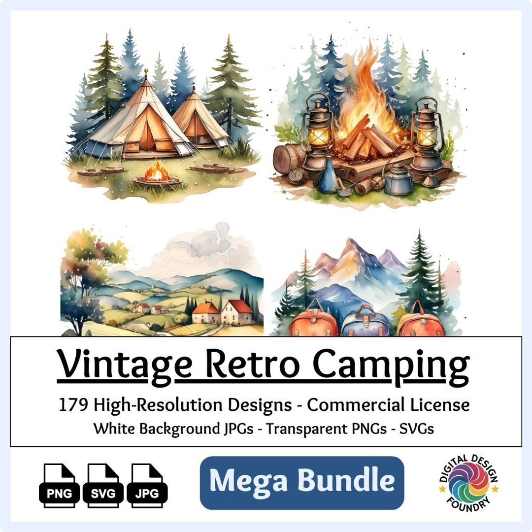 179 Vintage Camping Clipart Bundle PNG, SVG, JPG, Retro Watercolor Outdoors, Campfire, Camper ...