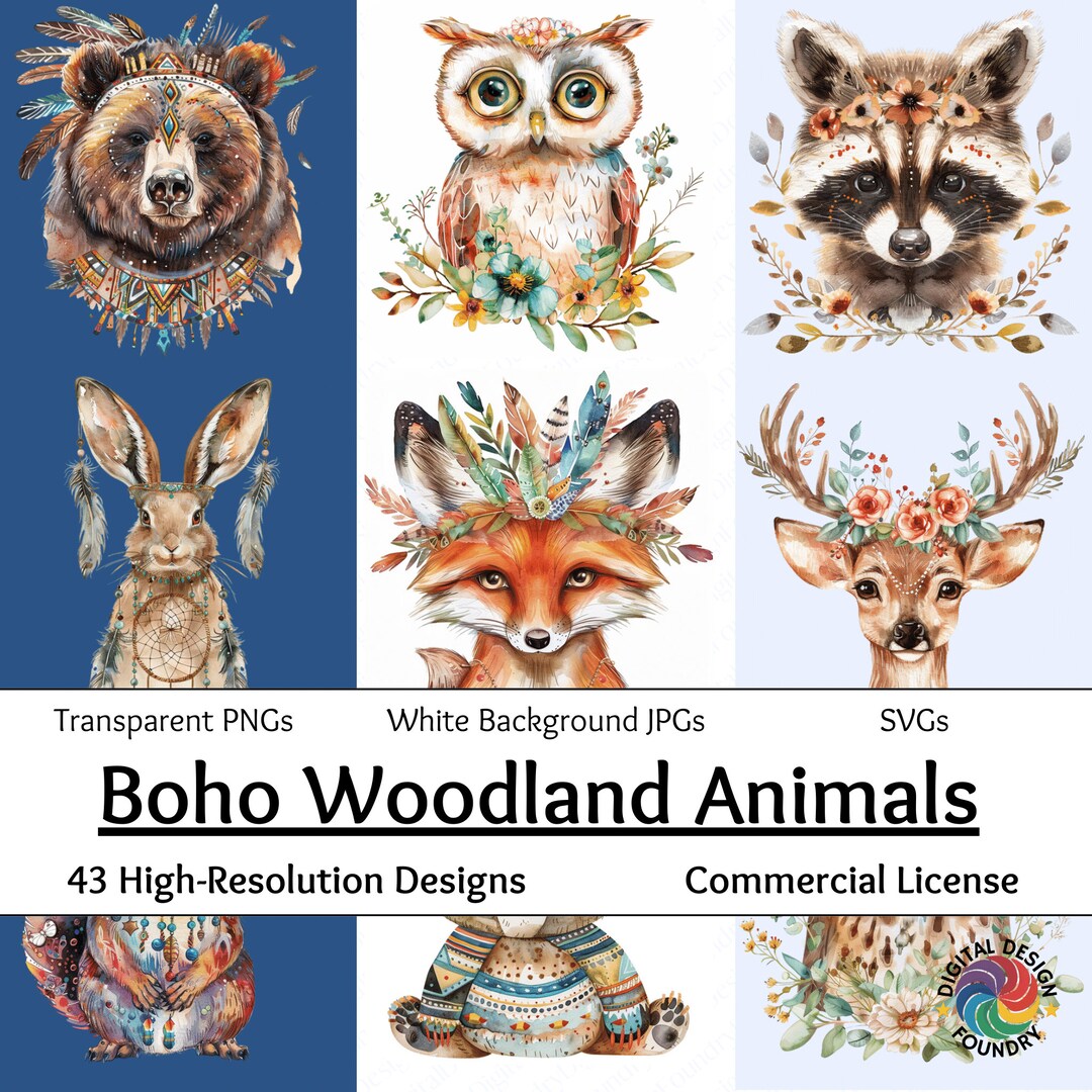 Watercolor Boho Woodland Animals Clipart: Nursery Decor (digital ...