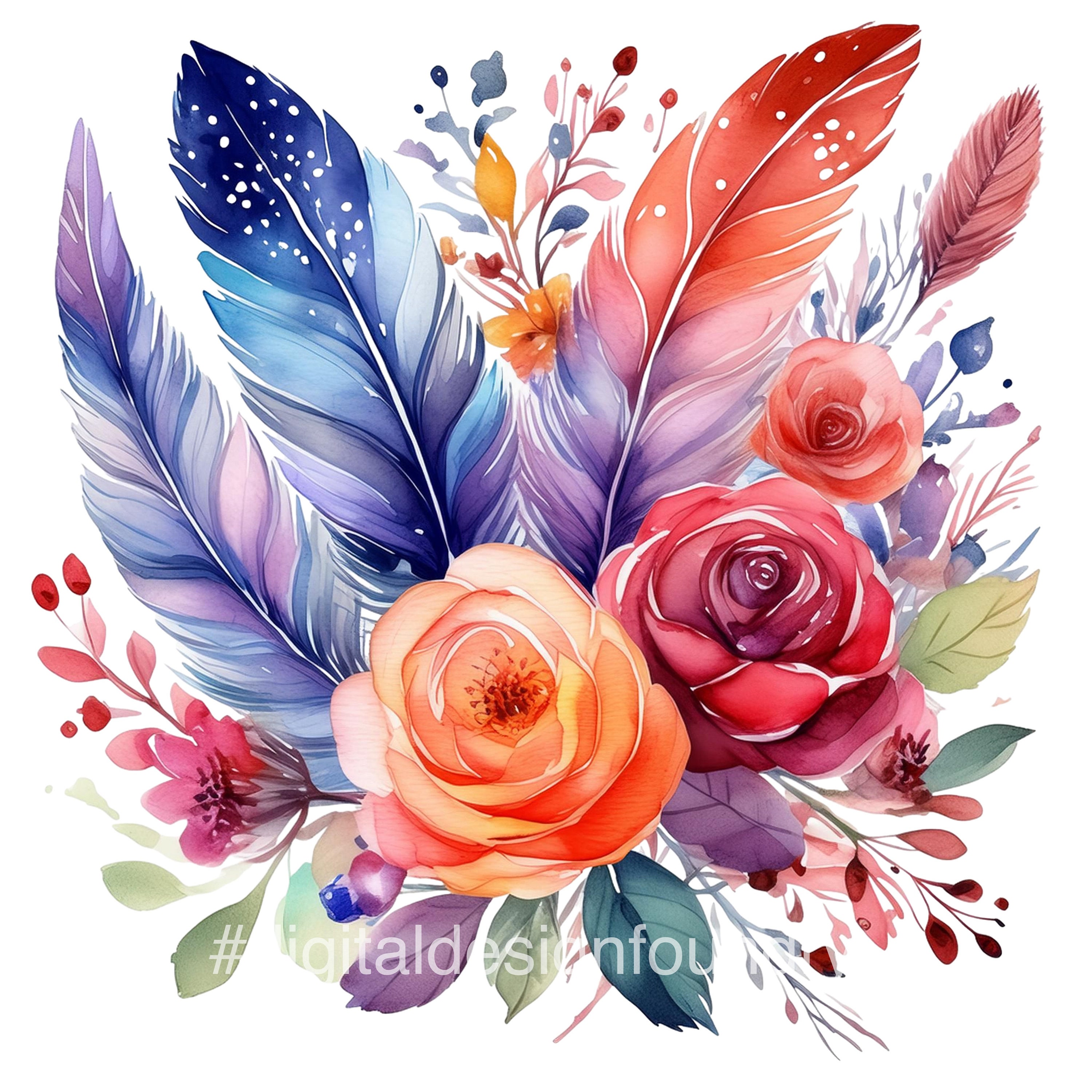 28 Boho Feather Clipart Watercolor PNG, SVG, JPG, Tribal, Dreamcatcher ...