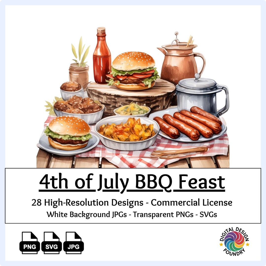 28 Barbecue Clipart Watercolor PNG, SVG, JPG, 4th of July Cookout ...