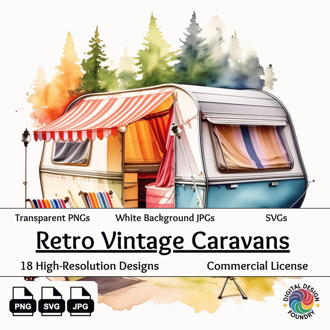 18 Retro Caravan Clipart Watercolor, PNG, SVG, JPG, Vintage Camper ...