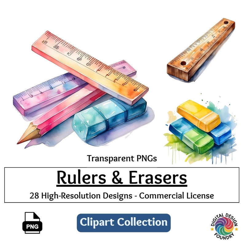 Rulers and Erasers Watercolor Clipart | 28 Pngs | School Supplies ...