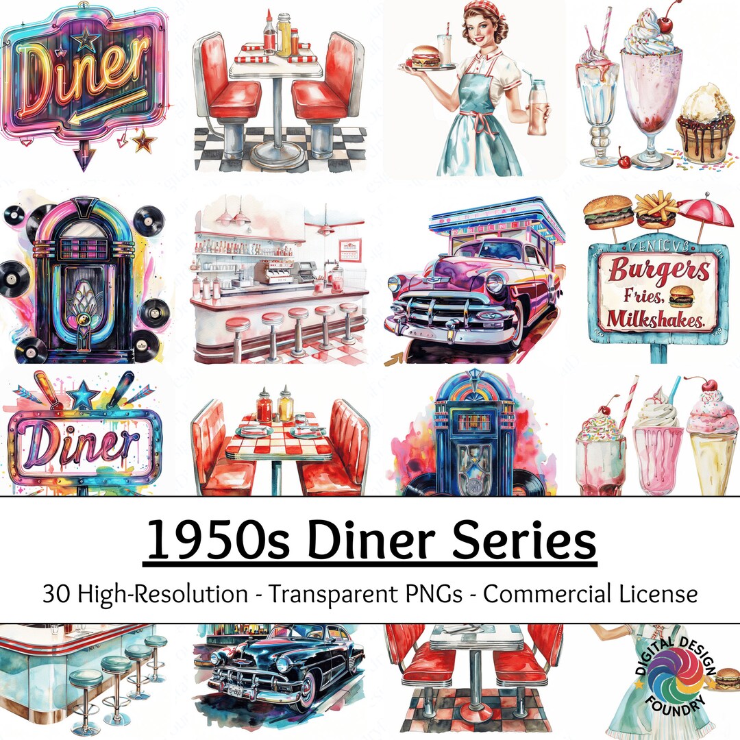 30 Watercolor 1950s Diner Clipart Retro Diner Scenes Pngs Vintage ...