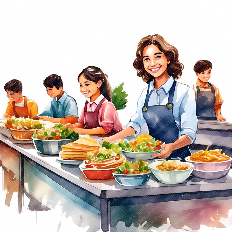 Cafeteria Fun Clipart | 30 Watercolor Pngs | School Lunch Illustrations ...