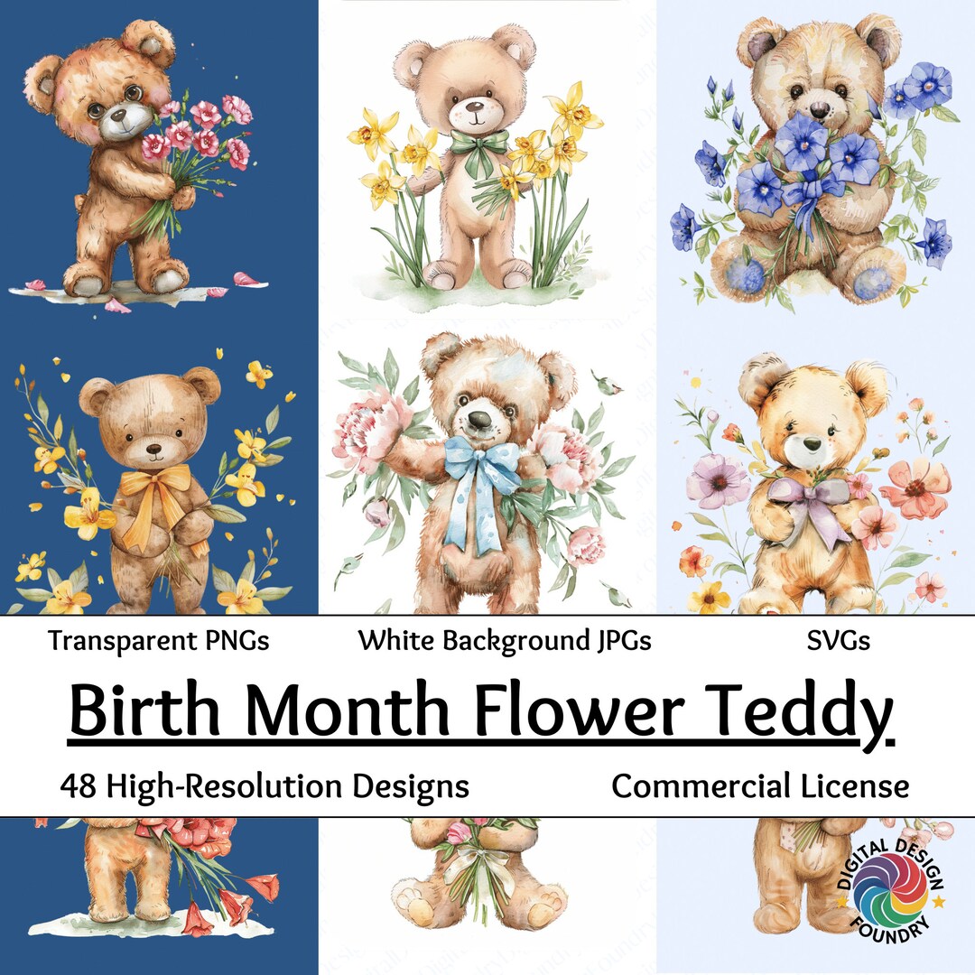 48 Watercolor Birth Month Teddy Bear Clipart PNG, SVG & JPG Baby Shower ...