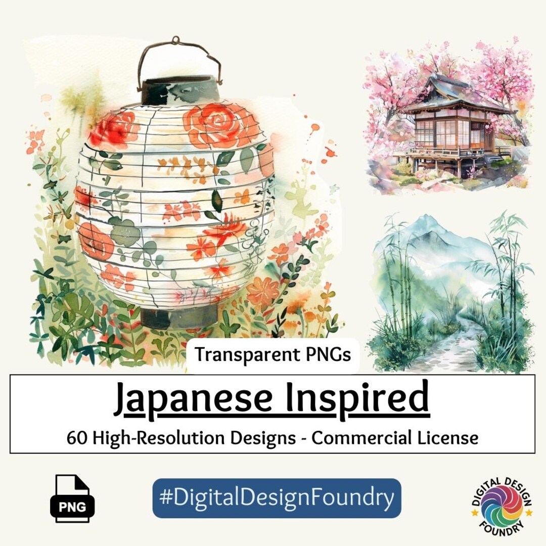 Japanese-inspired Watercolor Clipart | 60 High-resolution Pngs ...