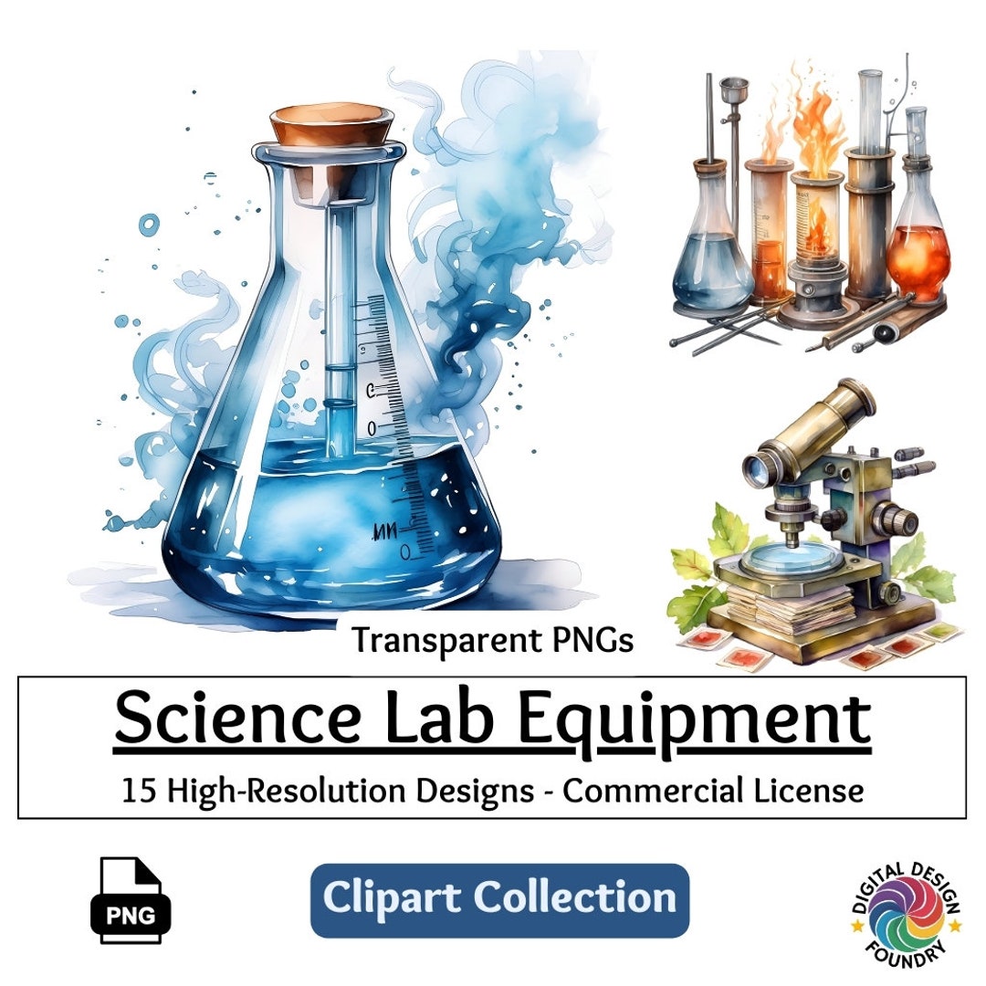 Whimsical Science Lab Clipart 15 Watercolor Pngs Microscopes, Flasks ...