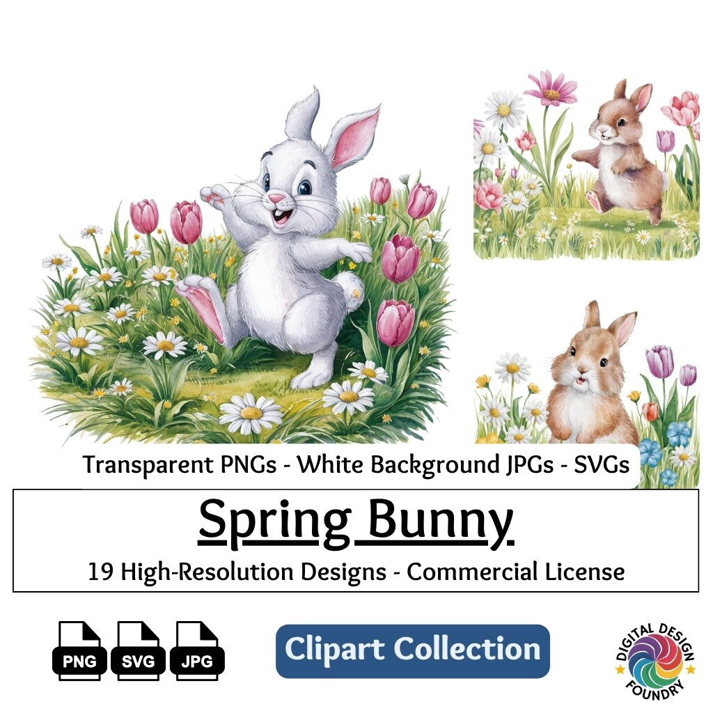 Spring Bunny Clipart 19 Watercolor PNG, SVG, JPG, Easter Decor, Kids ...