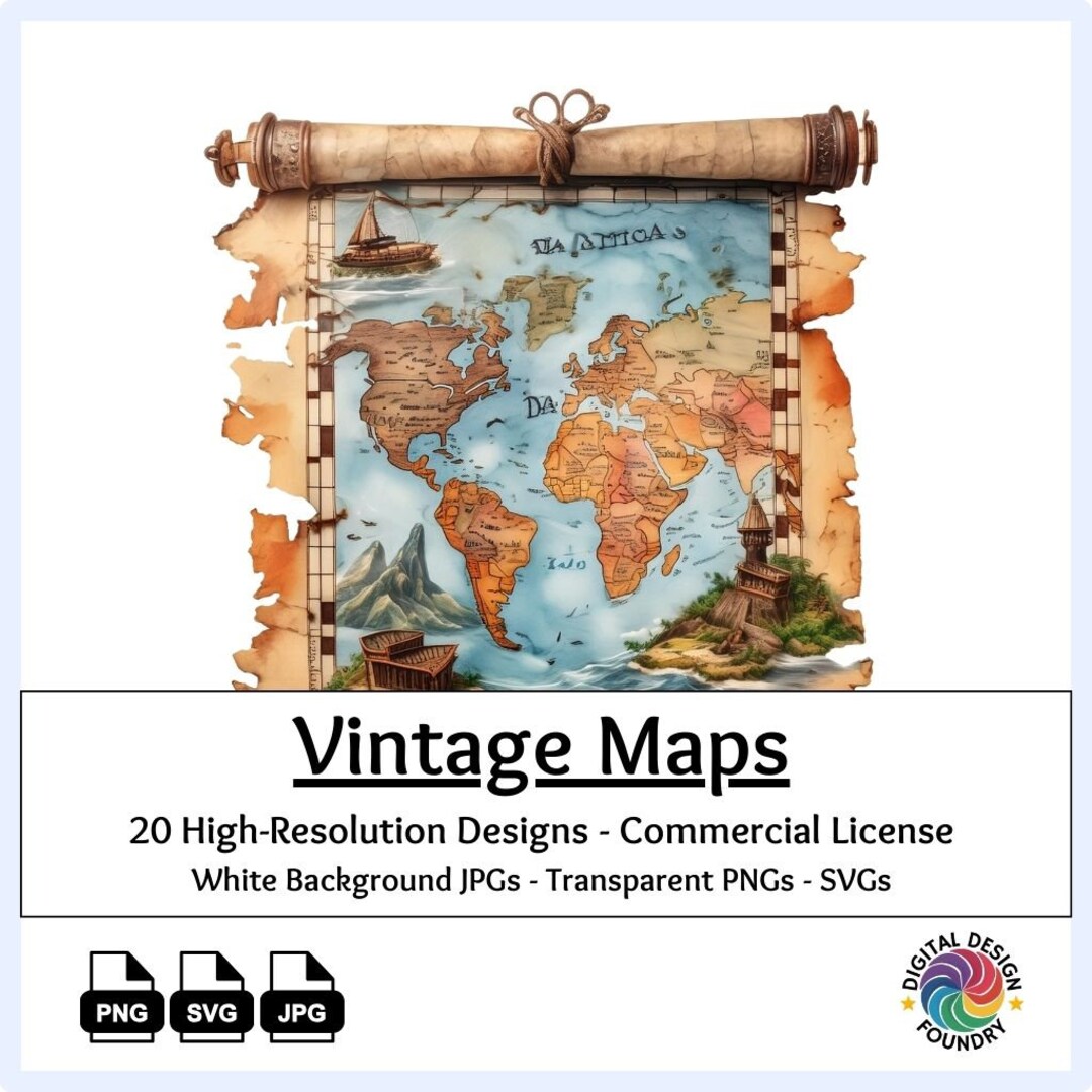 20 Vintage Map Clipart Watercolor PNG, SVG, JPG, Retro Cartography ...