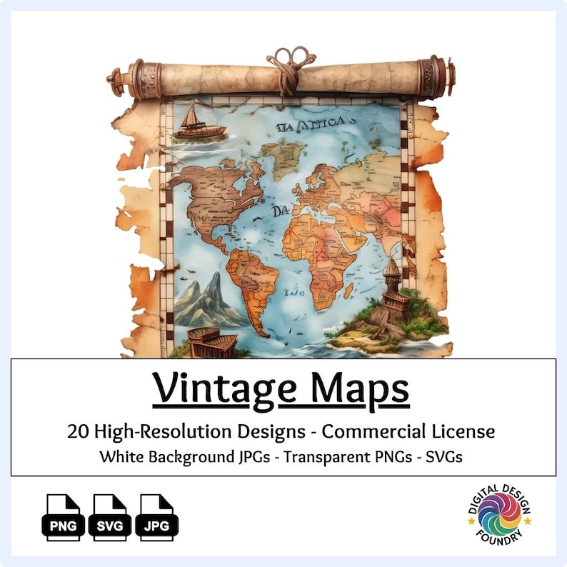 20 Vintage Map Clipart Watercolor PNG, SVG, JPG, Retro Cartography ...