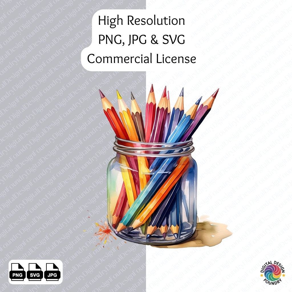 Colorful Pencil & Pen Clipart | 26 PNG, SVG, JPG | Watercolor Art ...