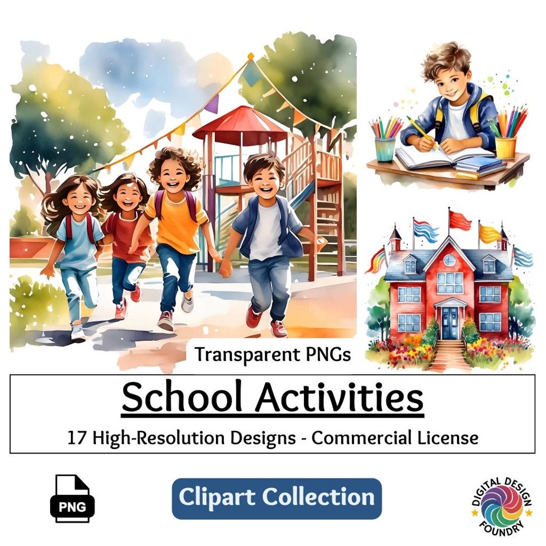 Playful Classroom Clipart | 53 Watercolor Pngs | School Activities ...
