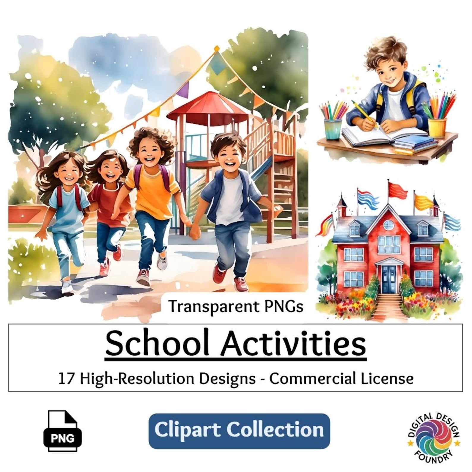 Playful Classroom Clipart | 53 Watercolor Pngs | School Activities ...