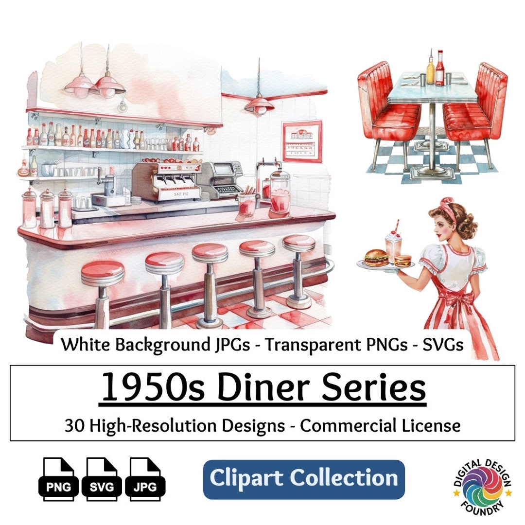 Retro Diner Scenes Clipart 30 PNG SVG JPG Arte vintage en acuarela para ...