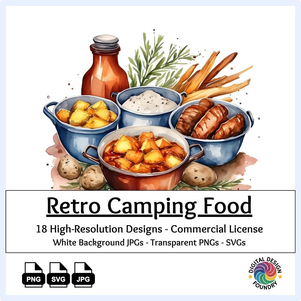 179 Vintage Camping Clipart Bundle PNG, SVG, JPG, Retro Watercolor Outdoors, Campfire, Camper ...