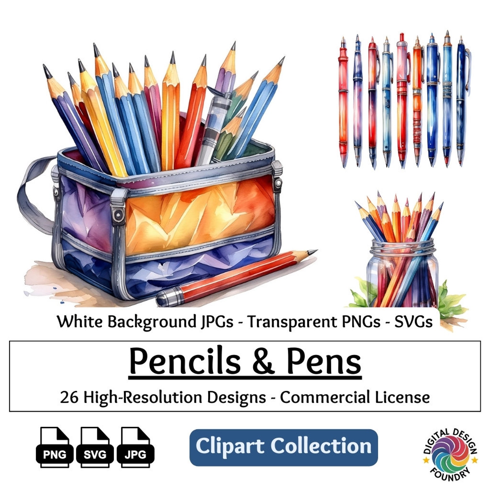 Colorful Pencil & Pen Clipart | 26 PNG, SVG, JPG | Watercolor Art ...