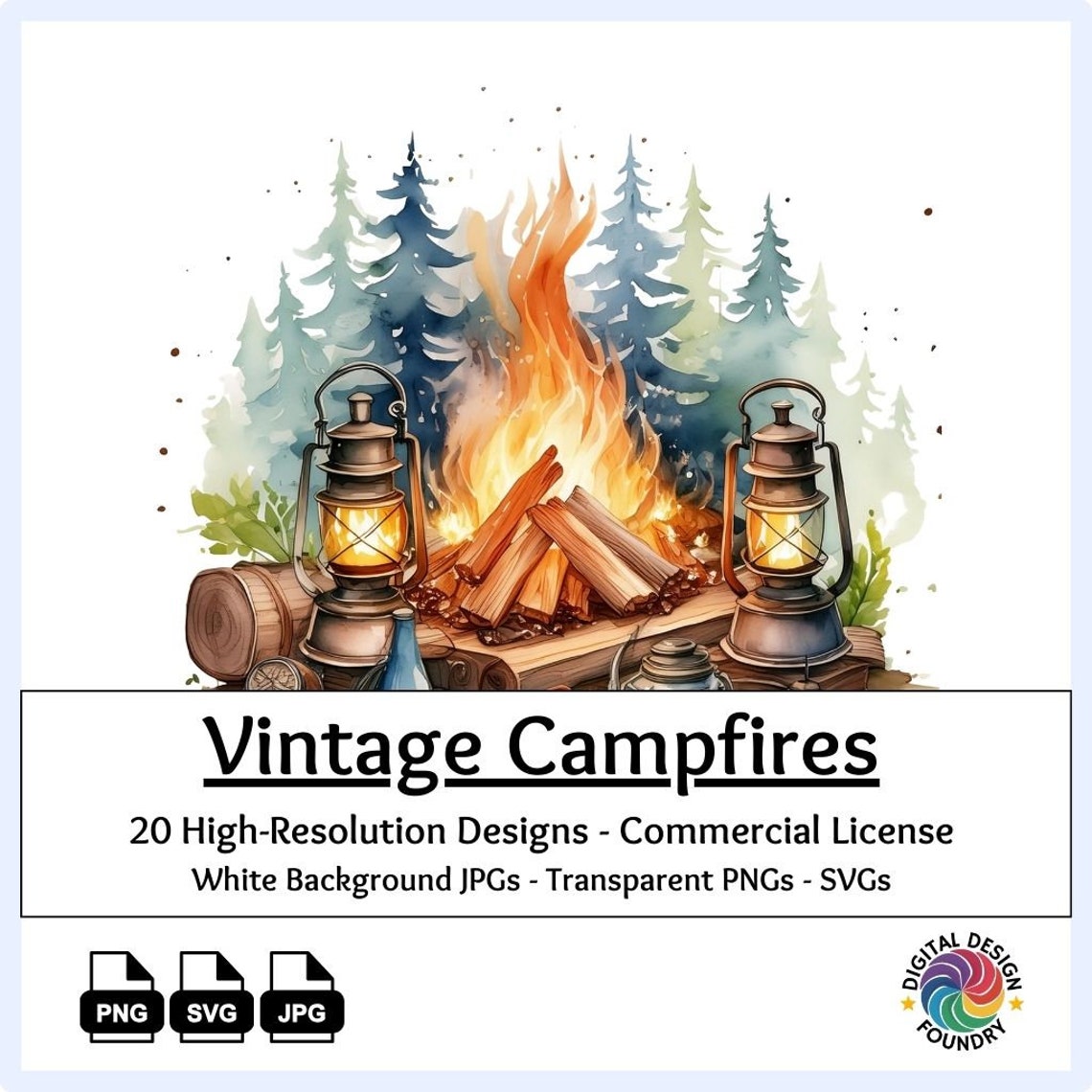 Retro Campfire Clipart 20 Watercolor PNG, SVG, JPG, Vintage Camping ...