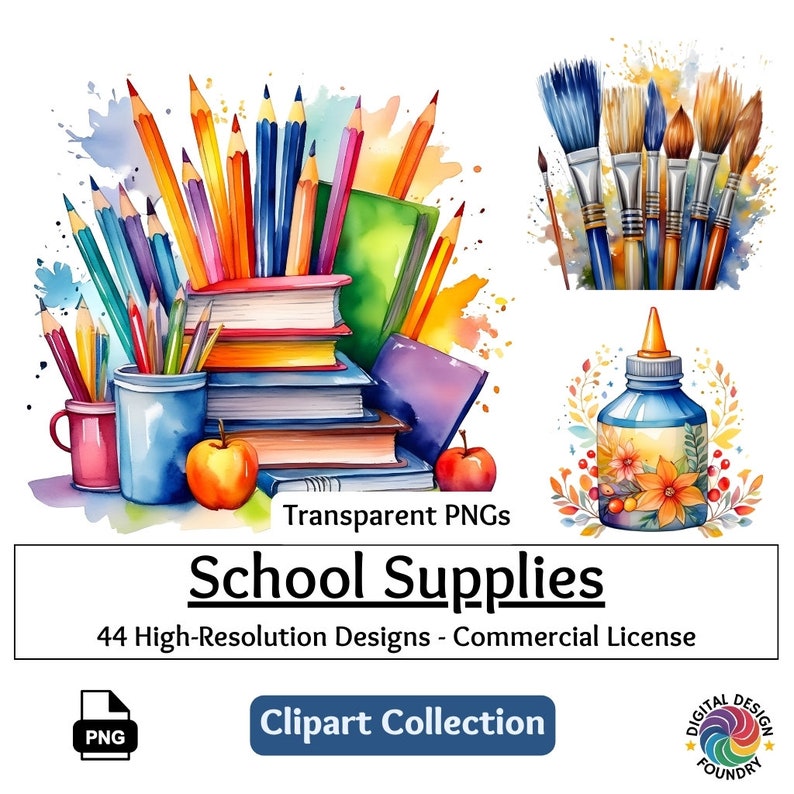Watercolor School Supplies Clipart: 44 PNG Designs - Etsy